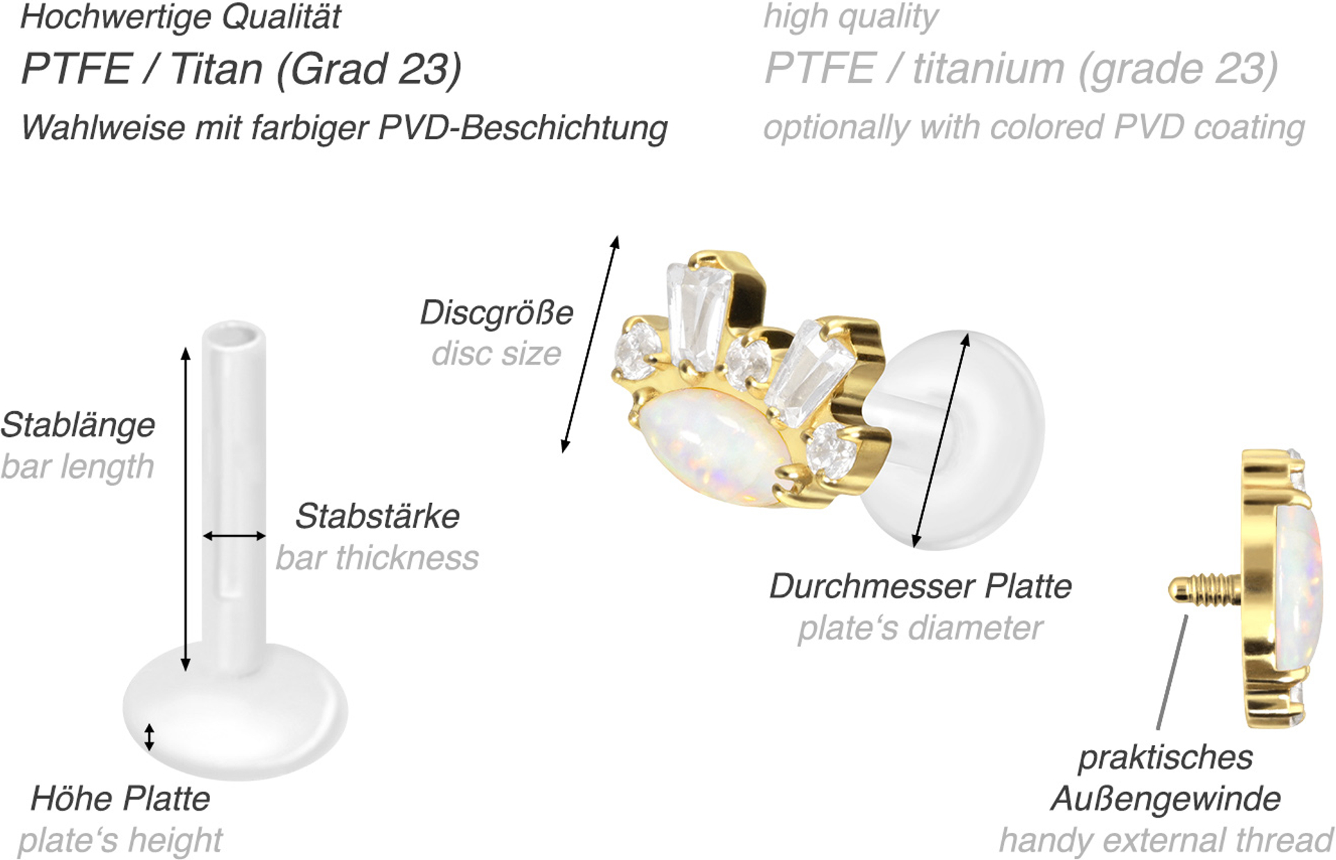 PTFE labret with internal thread + titanium attachment SYNTHETIC OPAL ...